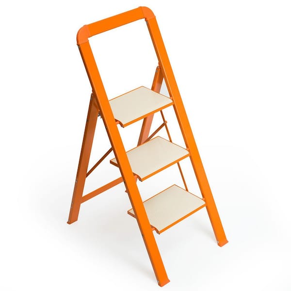 3-Step Orange Aluminium Lightweight Step Stool Ladder, Folding Step ...