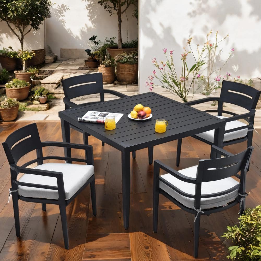 Mondawe 5-Piece Black Aluminum Outdoor Dining Set with Sunbrella Light ...