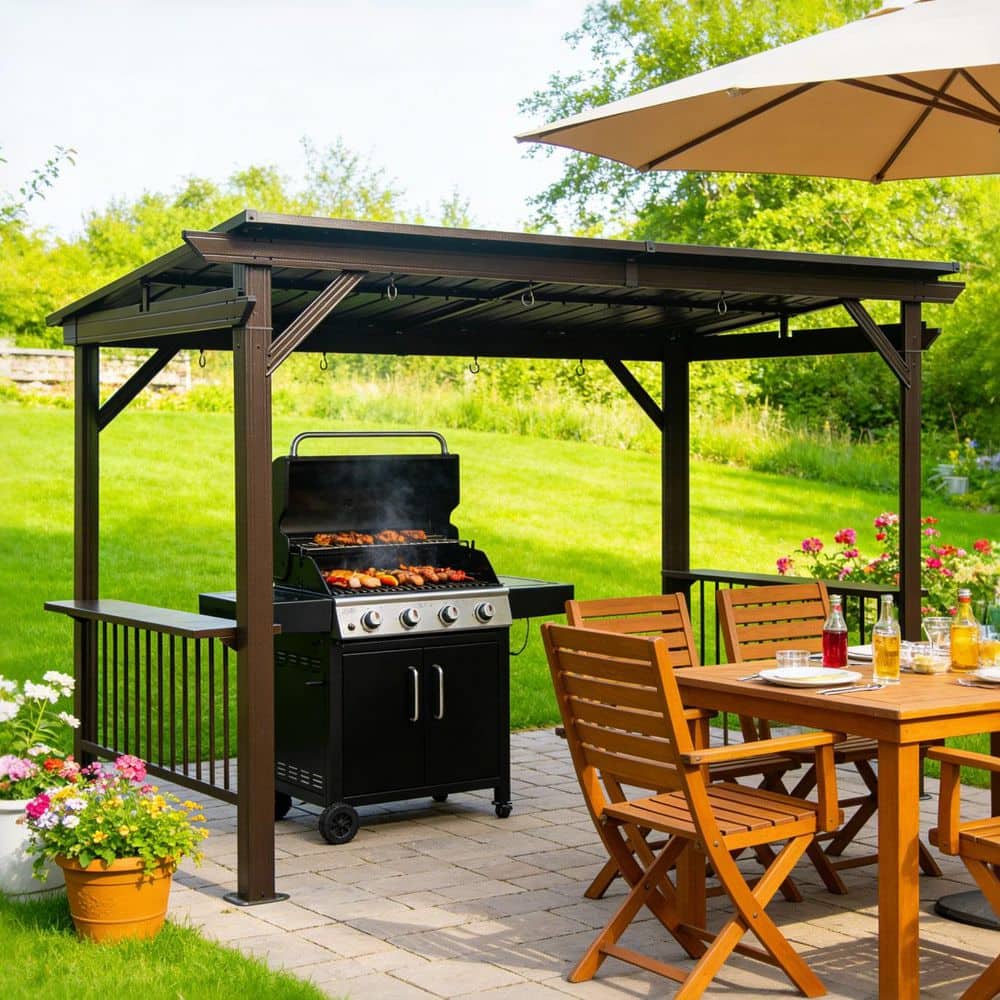 6.5 ft. x 12 ft. Brown Metal Hardtop Outdoor Grill Gazebo, Permanent ...