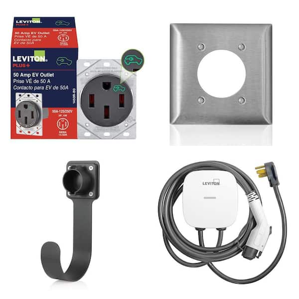 Leviton 50 Amp EV Outlet, 2-Gang Steel Wall Plate, EV Charger Hook and ...