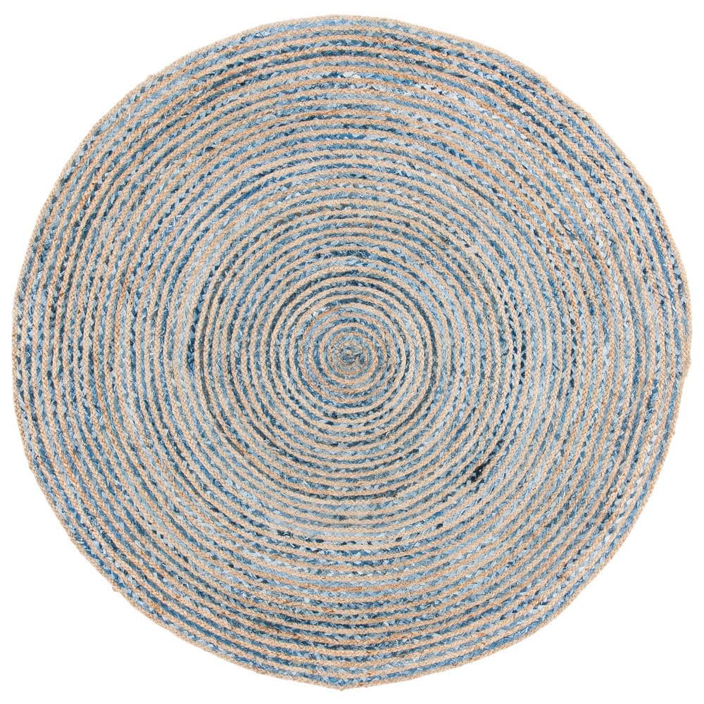 SAFAVIEH Cape Cod Natural/Blue 7 ft. x 7 ft. Braided Striped Round Area ...