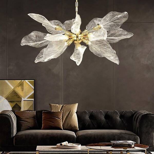 Gleam Flare D31.5 in. 18-Light Gold Modern Chandelier, Crystal Leaf ...
