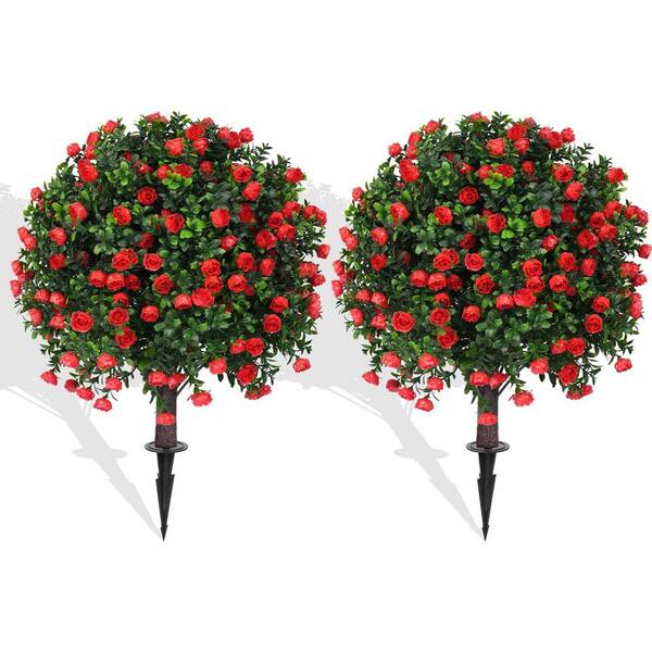 1.33 ft. Artificial Rose Topiary Ball Tree with Ground Spike 2-Pack ...