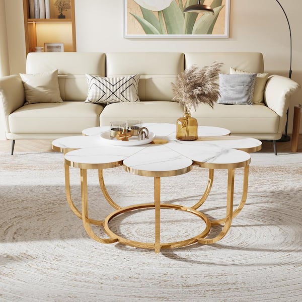 BYBLIGHT Kerlin 39.37 in. White and Gold Specialty Flower shaped Manufactured Wood Small Coffee Table with Metal Frame BB F2012HY The Home Depot