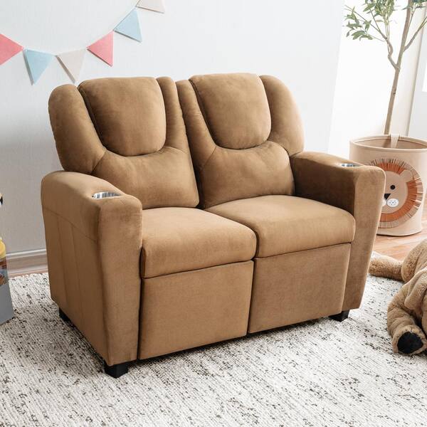 HOMESTOCK Brown Recline Relax Rule Kids Comfort Champions Push Back Kids Loveseat with Footrest Cup Holders Microfiber Fabric 60267HD The Home Depot