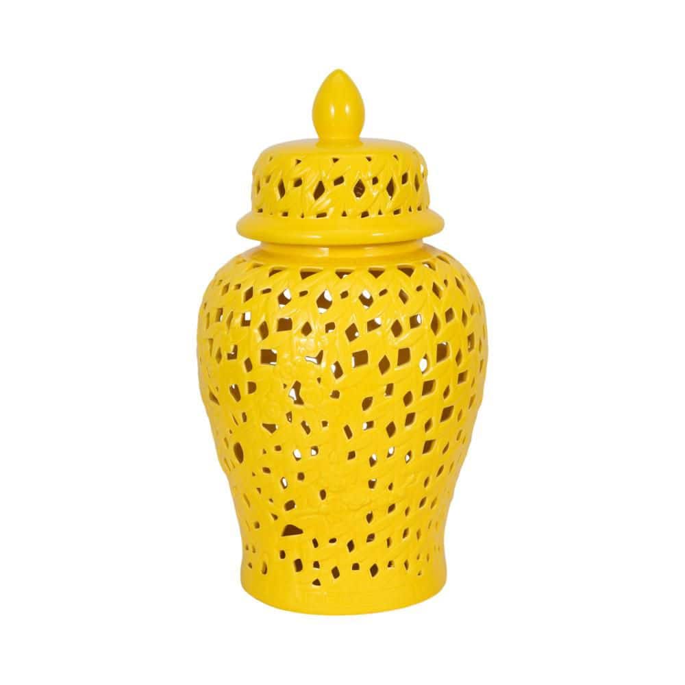 Liv & Skye 24 in. Yellow Ceramic Pierced Cut-Out Decorative Jar 12468 ...