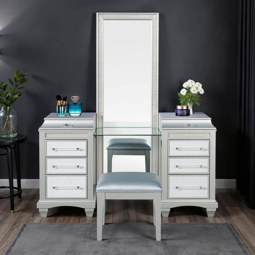 Furniture of America Igna 2-Piece Glam Silver Full Length Makeup Vanity ...