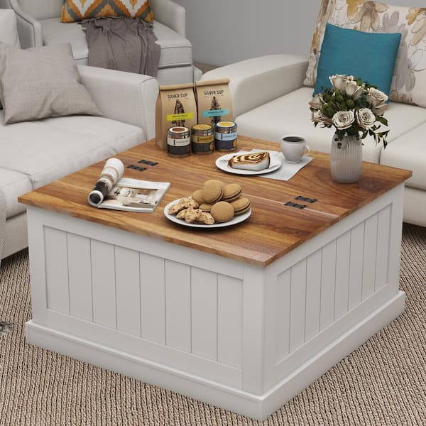 Olsan 31.5 in. White Farmhouse Square Particle Board Storage Coffee Table with Hinged Lids