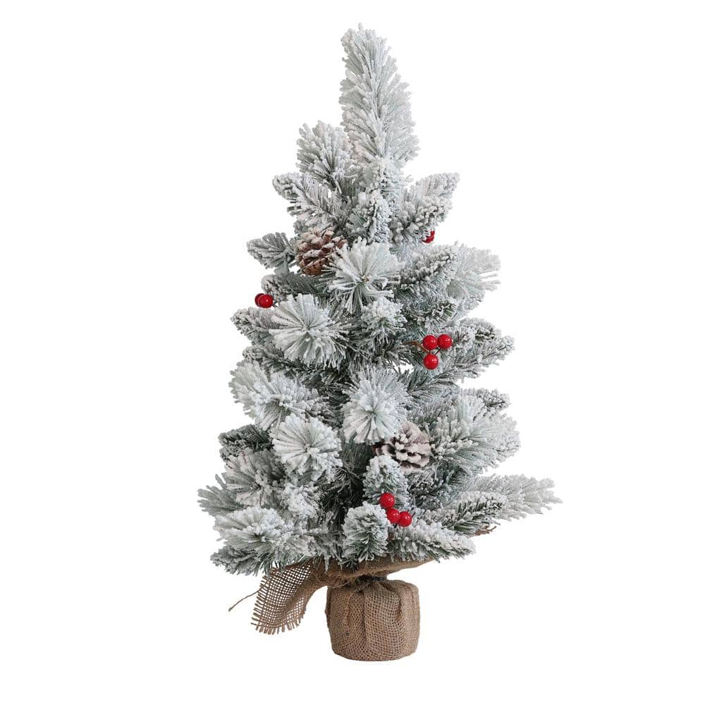 Astella 2 ft. Pre-Lit Flocked Artificial Christmas Tree with Decorative Pinecones and Burlap ...