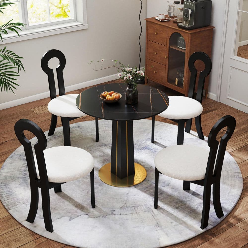 J&E Home Black Marble Top 33.46 in. Solid wood Pedestal Base Round ...