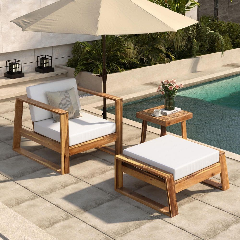 Natural Acacia Wood Outdoor Lounge Chair with Ottoman, Beige Cushions ...