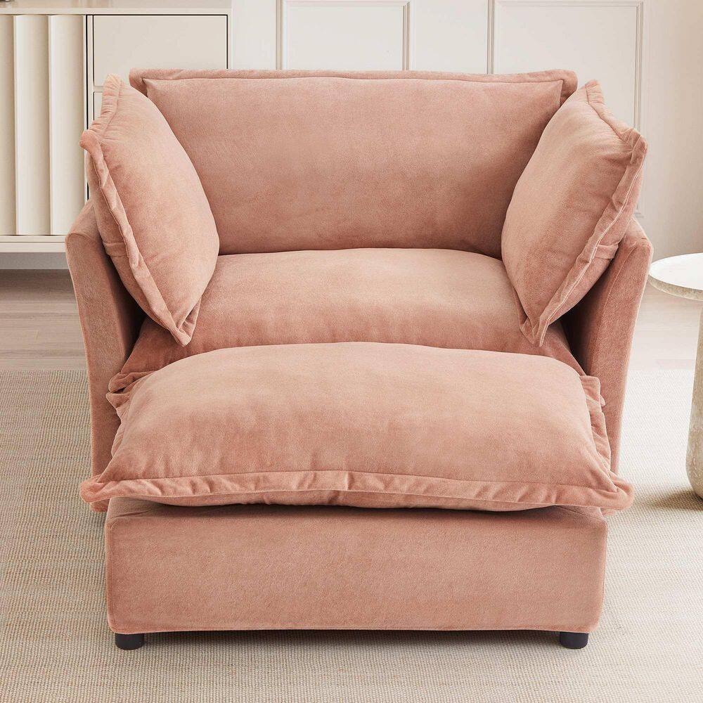 Polibi Pink Chenille Arm Chair with Movable Ottoman, Wide Seat, Curved ...