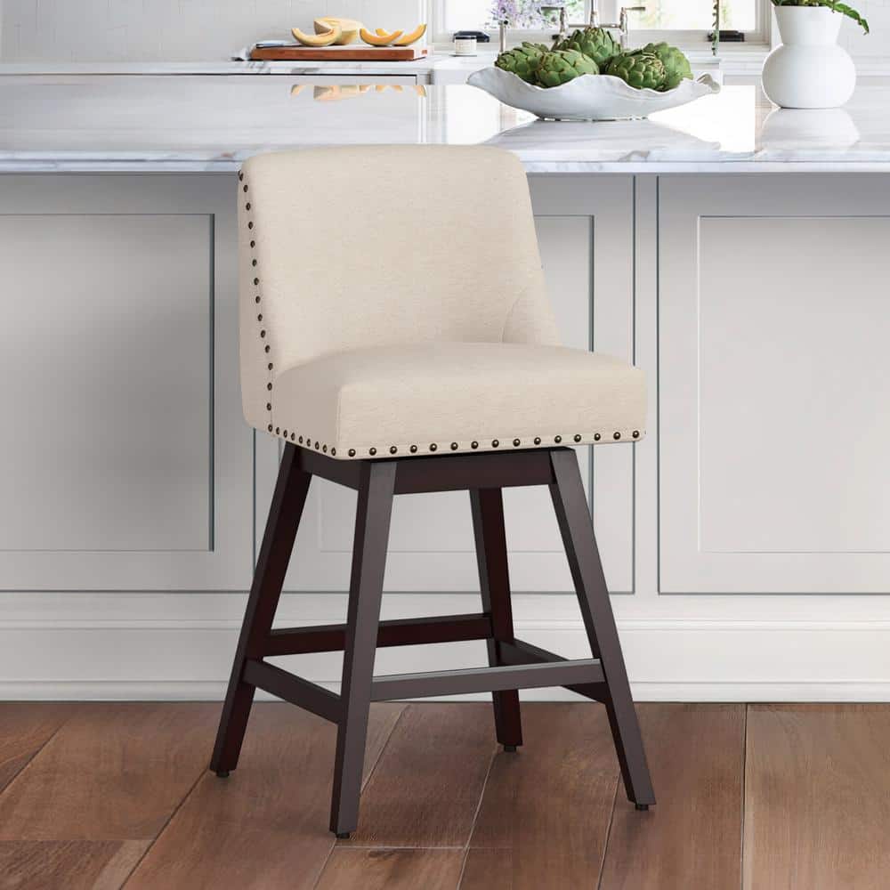 OrangeOne Hampton 26 in. Solid Wood Linen Swivel Bar Stools with Back ...