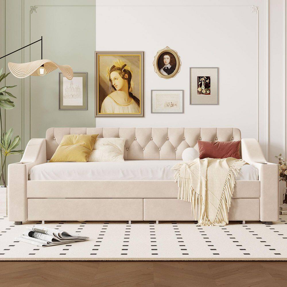 Qualler Beige Twin Upholstered Daybed with Storage Armrests and USB ...