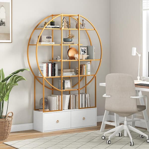 Gymax 71 in. Tall Gold Metal Bookcase 6 Tier Bookshelf with 2 Storage Drawers Home Office GYM13212 The Home Depot