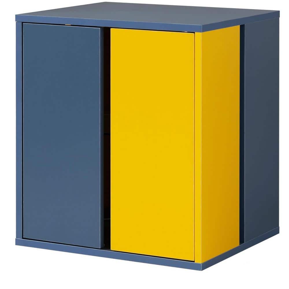 Qualler Yello & Blue 2 Shelves 17.7 in. W Nightstand with LED and Glass ...