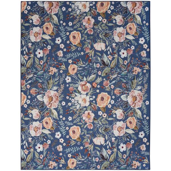 Nourison Washables Navy Multicolor 8 ft. x 10 ft. Botanical Traditional ...