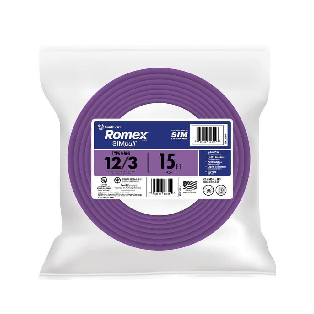 Southwire 15 ft. 12/3 Solid Romex SIMpull CU NM-B W/G Wire Purple Coil ...