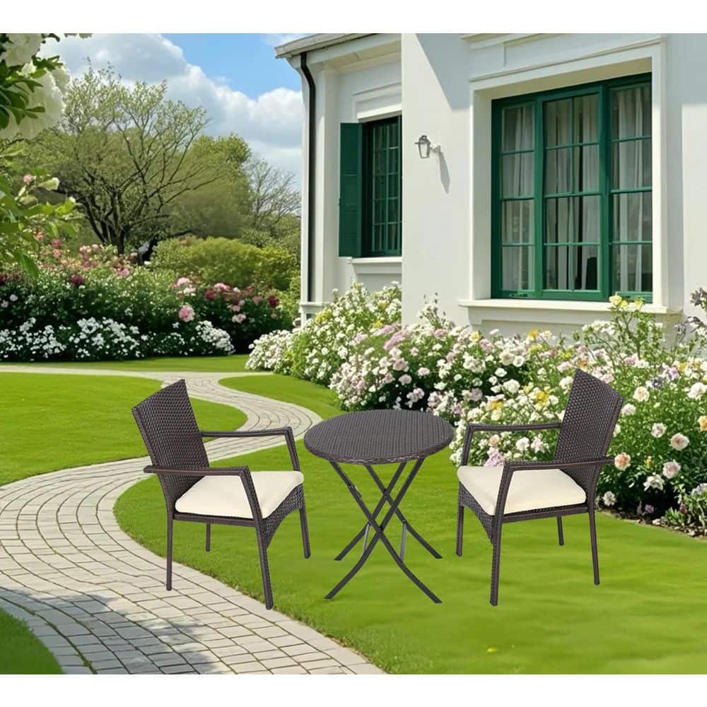 3-Piece Brown Wicker Outdoor Bistro Set with Beige Cushions and 2 ...