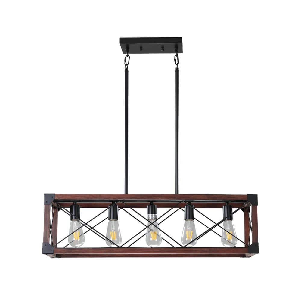 MODERN HABITAT 32 in. 5-Light Cage Dark Walnut Rustic Linear Chandelier ...