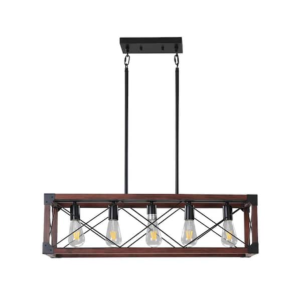 MODERN HABITAT 32 in. 5-Light Cage Dark Walnut Rustic Linear Chandelier ...
