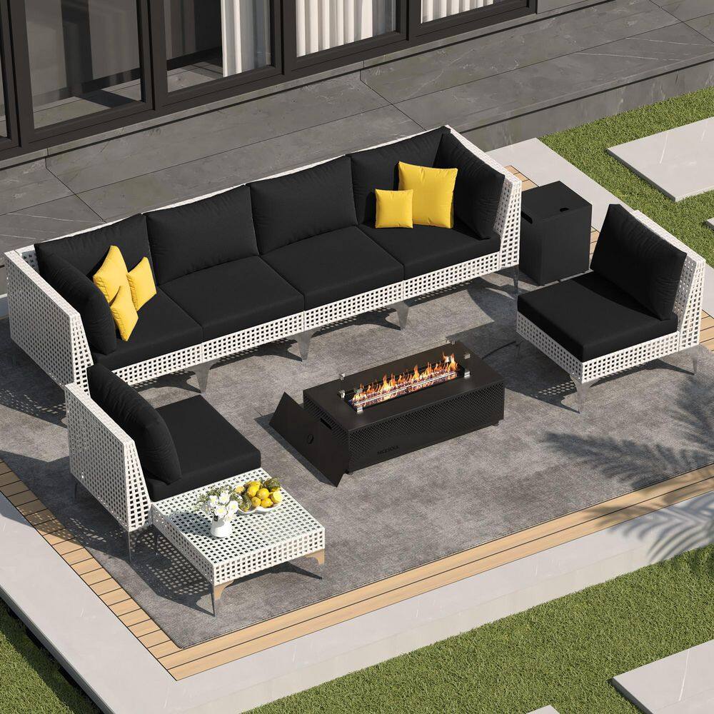 FINCATI 9-Piece Outdoor Fire Pit Patio Set Conversation Set with Plaid LED Fire Pit Table, Black ...