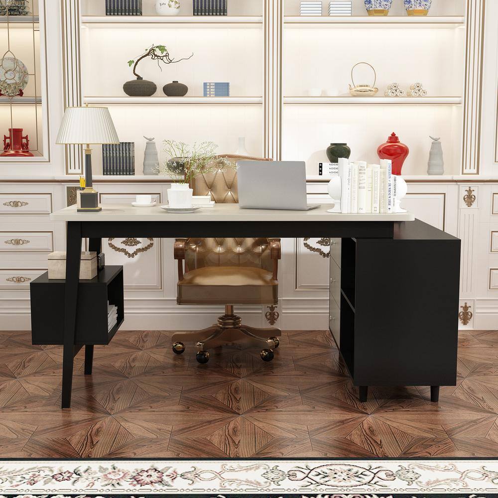 FUFU&GAGA 55.1 in. Width L-shaped Black & Gray Wooden 3-Drawer Computer ...