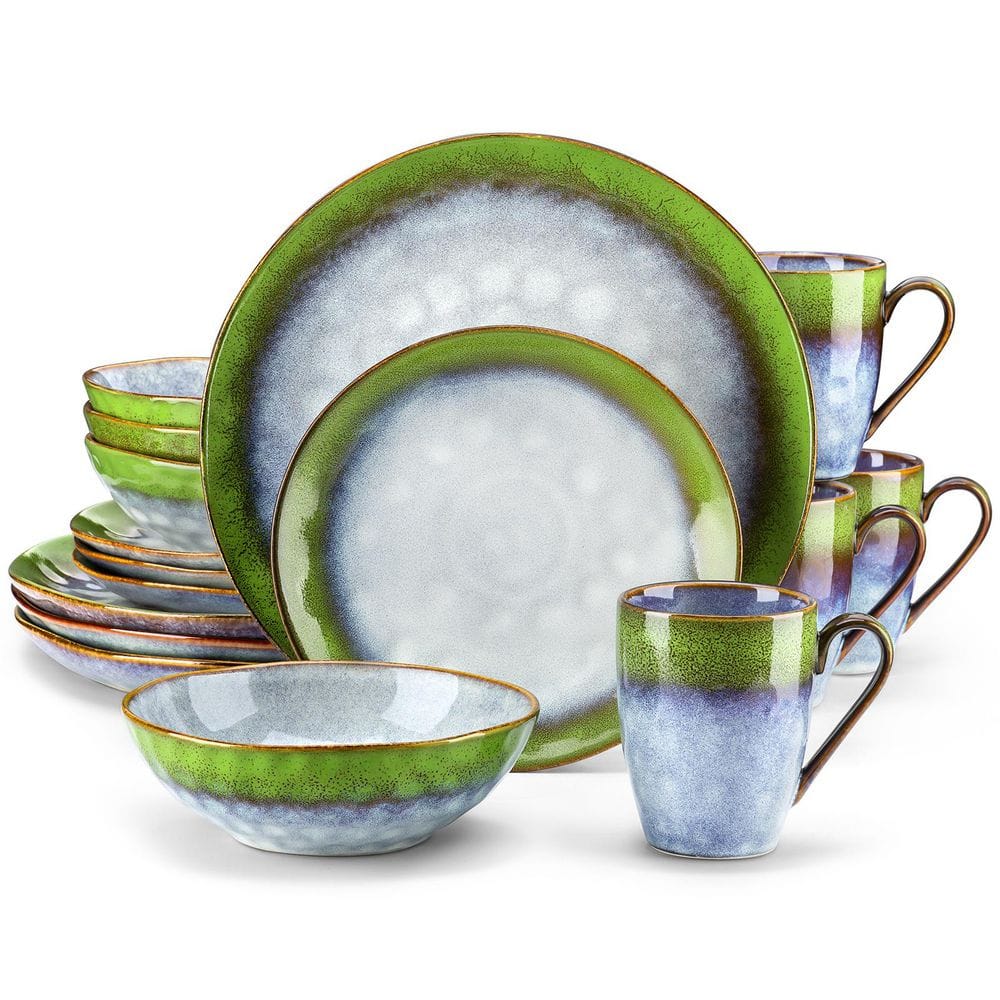 MALACASA Starry 16-Piece Blue-green Stoneware Dinnerware Set (Service ...