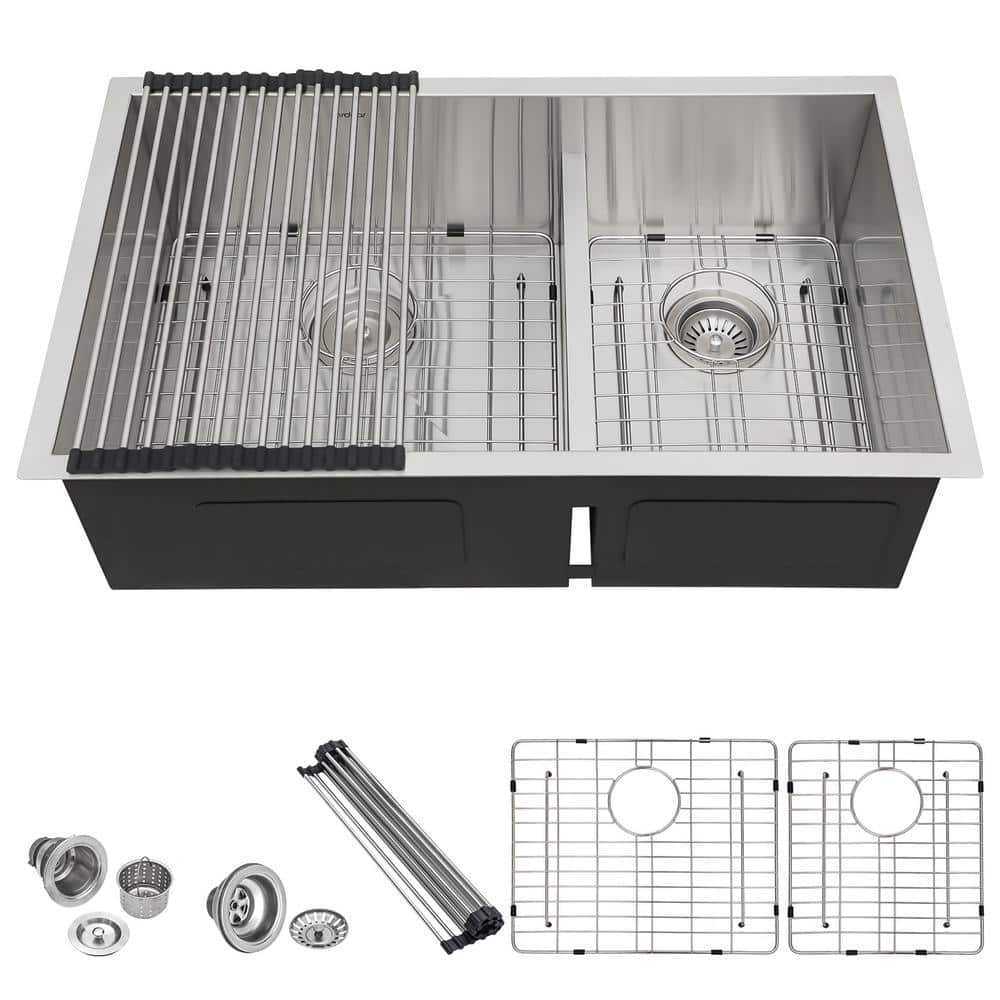 LORDEAR 33 in. Undermount Double Bowl 16-Gauge Low Divide Stainless ...