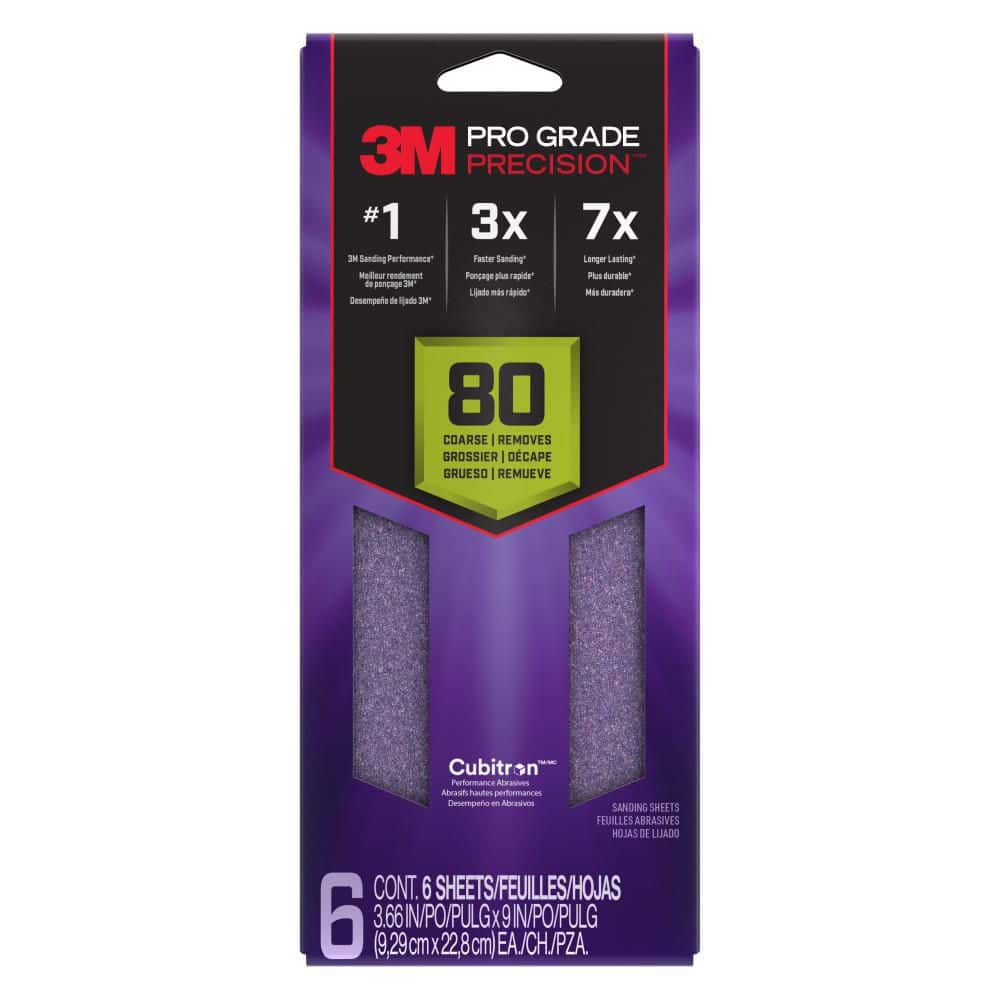 3M Pro Grade Precision 3 2/3 in. x 9 in. Coarse 80 Grit Faster Sanding ...