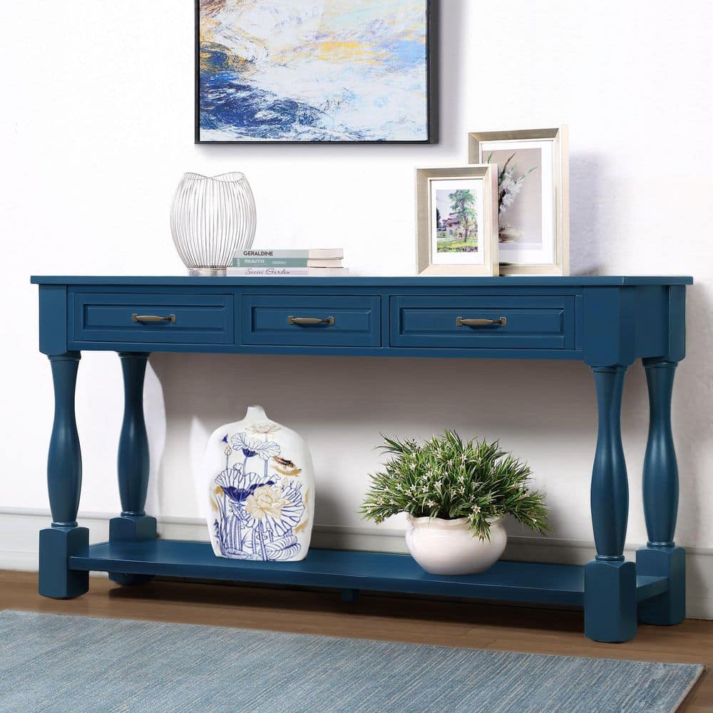 Noble House Adelaide 63.4 in. Navy Blue Rectangle Wood Console Table ...