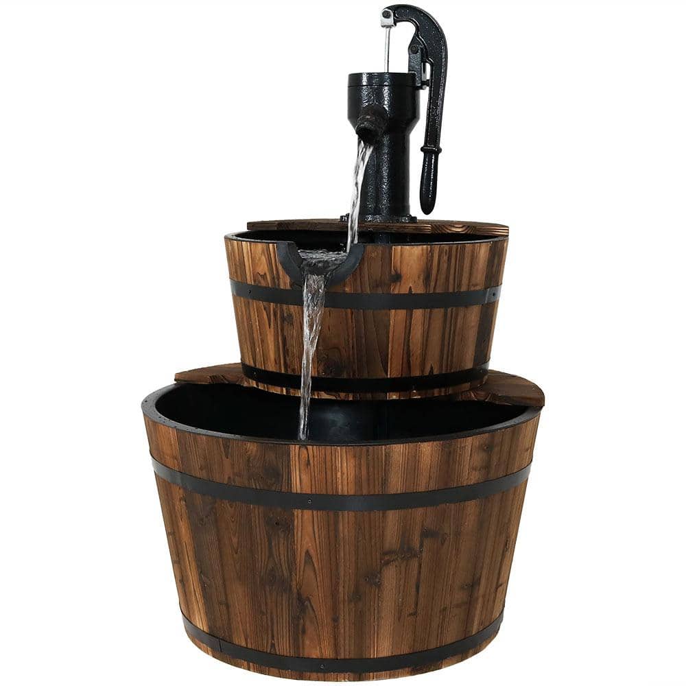 Sunnydaze 37 in. 2-Tier Rustic Wood Barrel Water Fountain with Hand ...