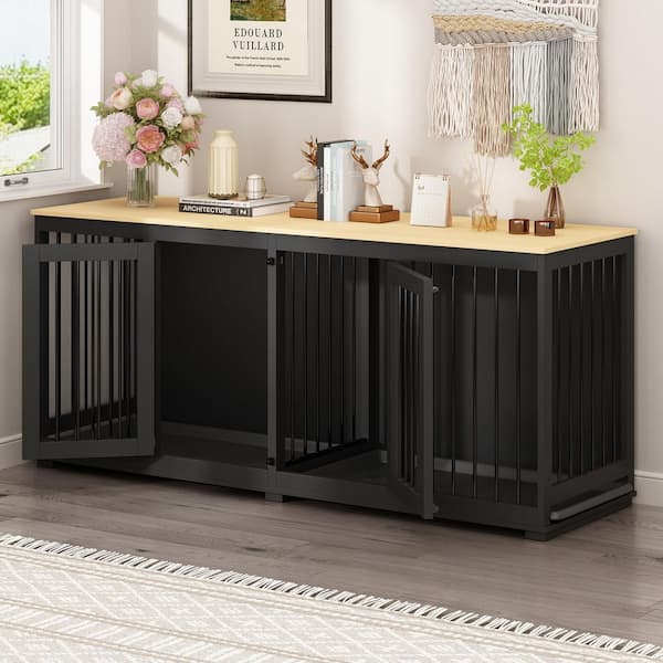 FUFU&GAGA Large Dog Crate Furniture for 2-Dogs, 71 in. Heavy-Duty Wooden Dog Kennel with Divider ...