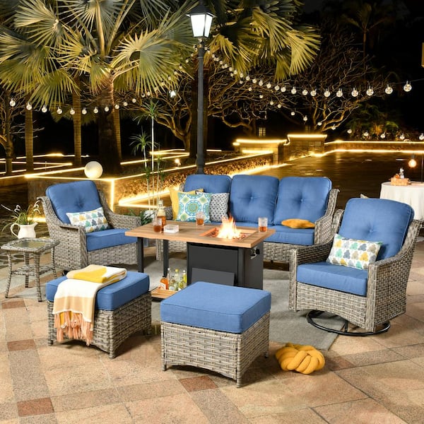 HOOOWOOO Verona Grey 7-Piece Wicker Outdoor Fire Pit Patio Conversation ...