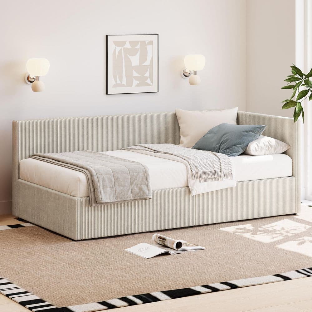 Noble House Nursing Beige Corduroy Upholstered Twin Size Daybed with 2 ...