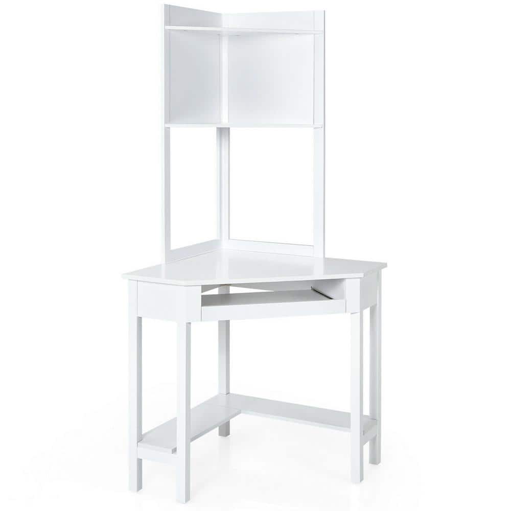 Gymax 39 in. W Corner White 1-Drawer Computer Desk Triangle Study Desk ...