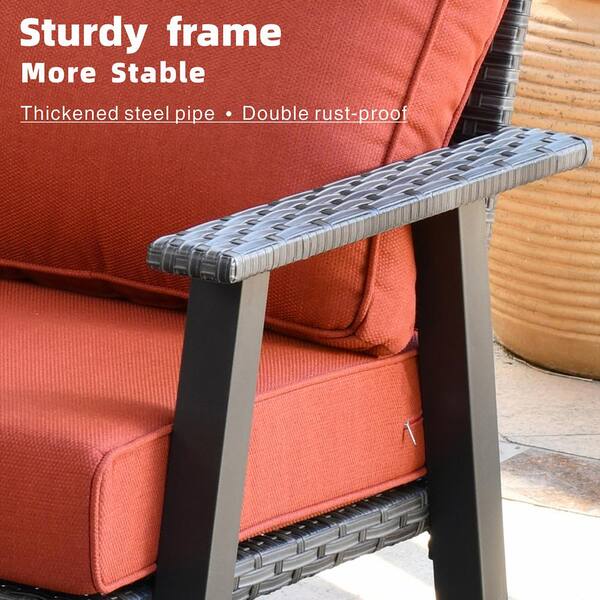 Walden Grey 6 Piece Wicker Steel Outdoor Patio Conversation Sofa Set with A Fire Pit and Beige Cushions