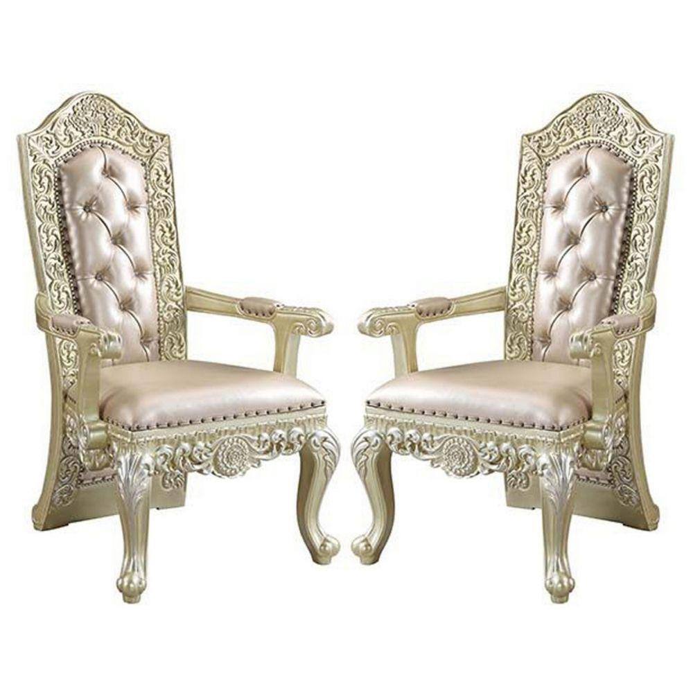Benjara Gold Leather Arm Chair with Scrolled Floral Tall Back (Set of 2 ...