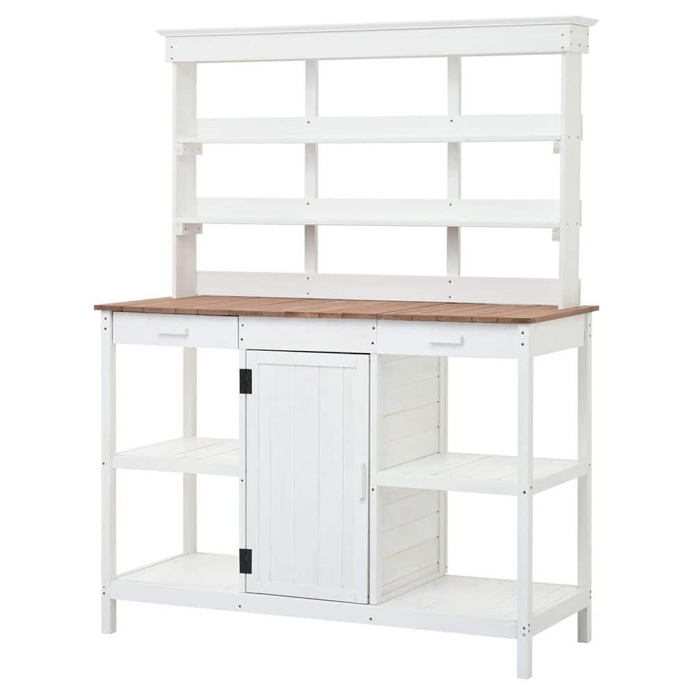 JUJABU 66 in. White Solid Wood Casual Farmhouse Outdoor Potting Bench ...