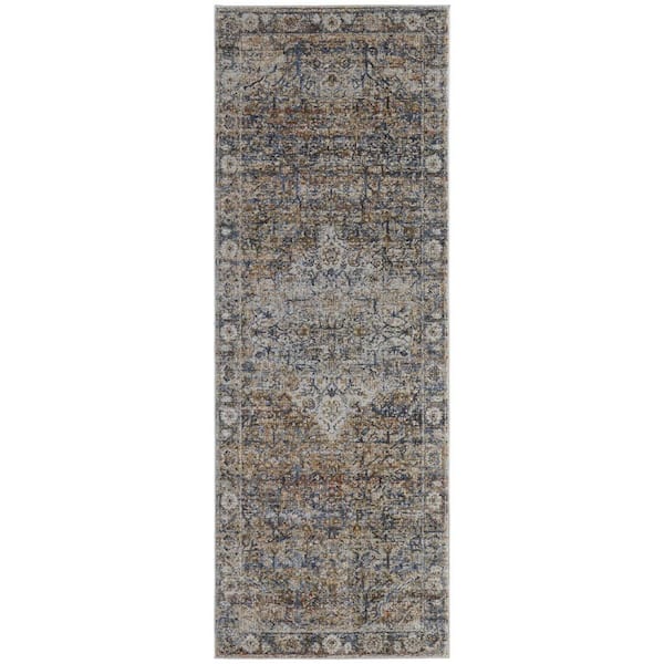 HomeRoots 3 ft. x 12 ft. Tan and Orange and Blue Floral Area Rug ...