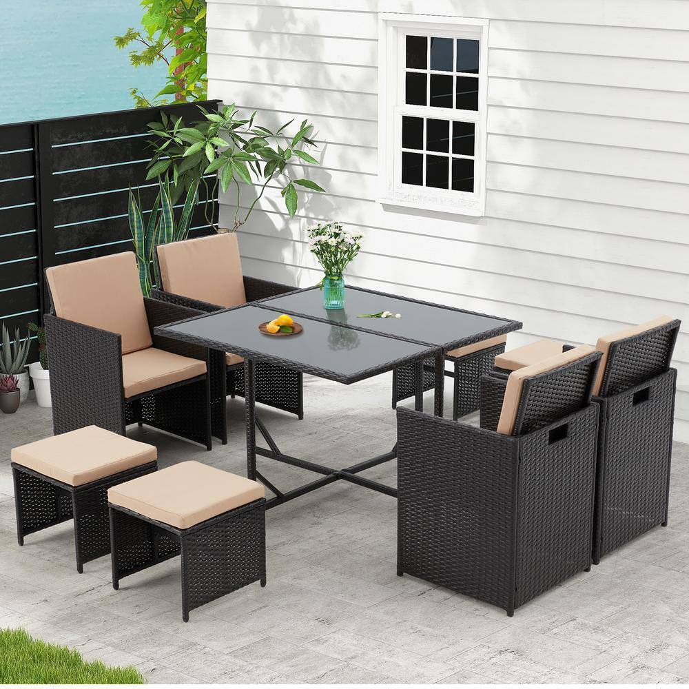 Cesicia 9-Piece Rattan Wicker Patio Outdoor Dining Table Set with Beige ...