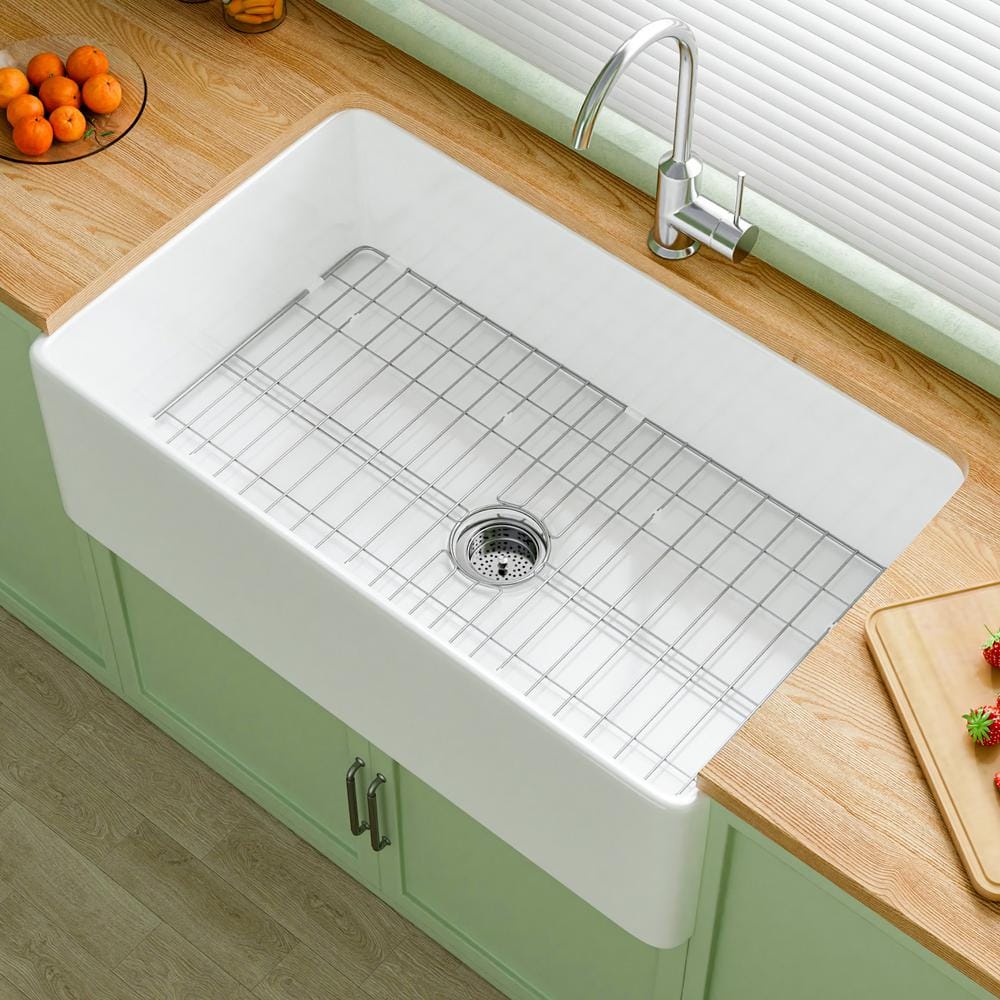 Kuomih Farmhouse Sink 33 in. Single Bowl Gloss White Fireclay Kitchen ...