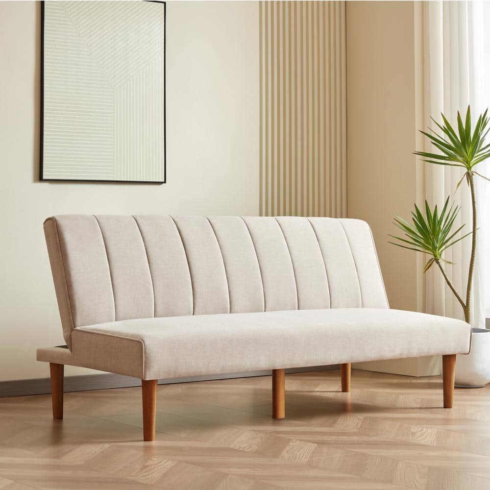 Homepop Bergen 32 in. Beige Woven Upholstery Convertible Futon Sofa ...