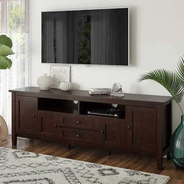 Simpli Home Warm Shaker Solid Wood 72 in. Wide 1 Drawer Transitional TV Media Stand in Russet Brown for TVs up to 80 in. AXWSH003 72RUS