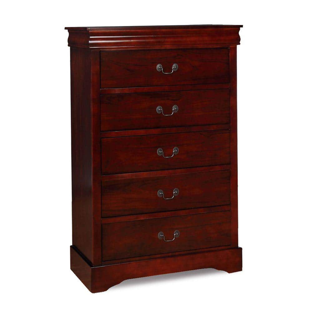 Benjara 5-Drawer Cherry Brown Wood Tall Dresser Chest with Molded Trim ...