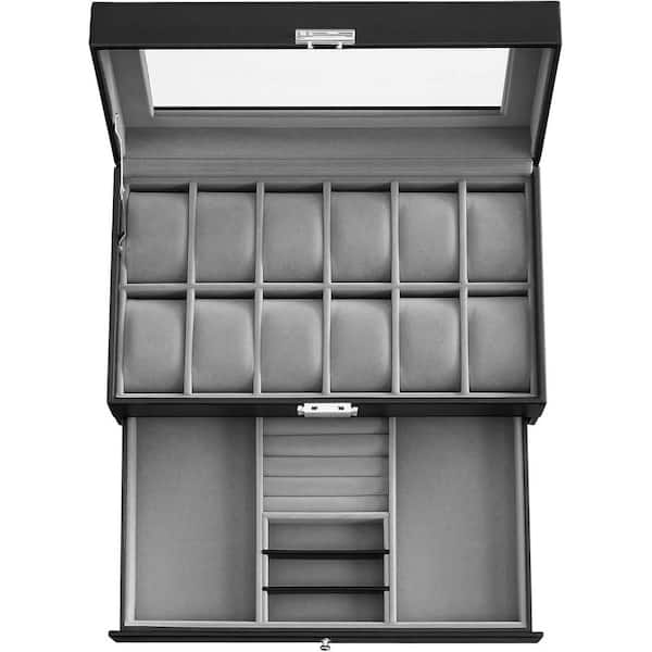 Gray MDF 12-Slot Watch Box with Glass Lid Z00NHJBK3C - The Home Depot