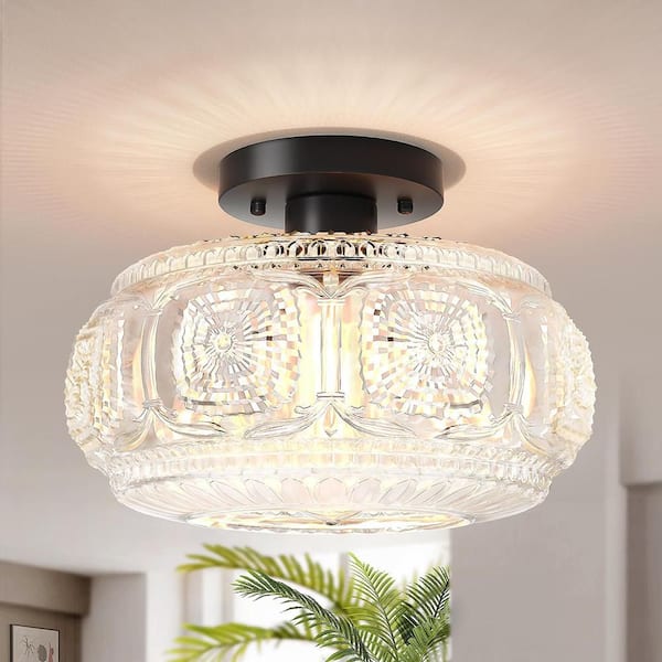11 in. 1-Light Black Semi Flush Mount Ceiling Light with Crystal Glass ...