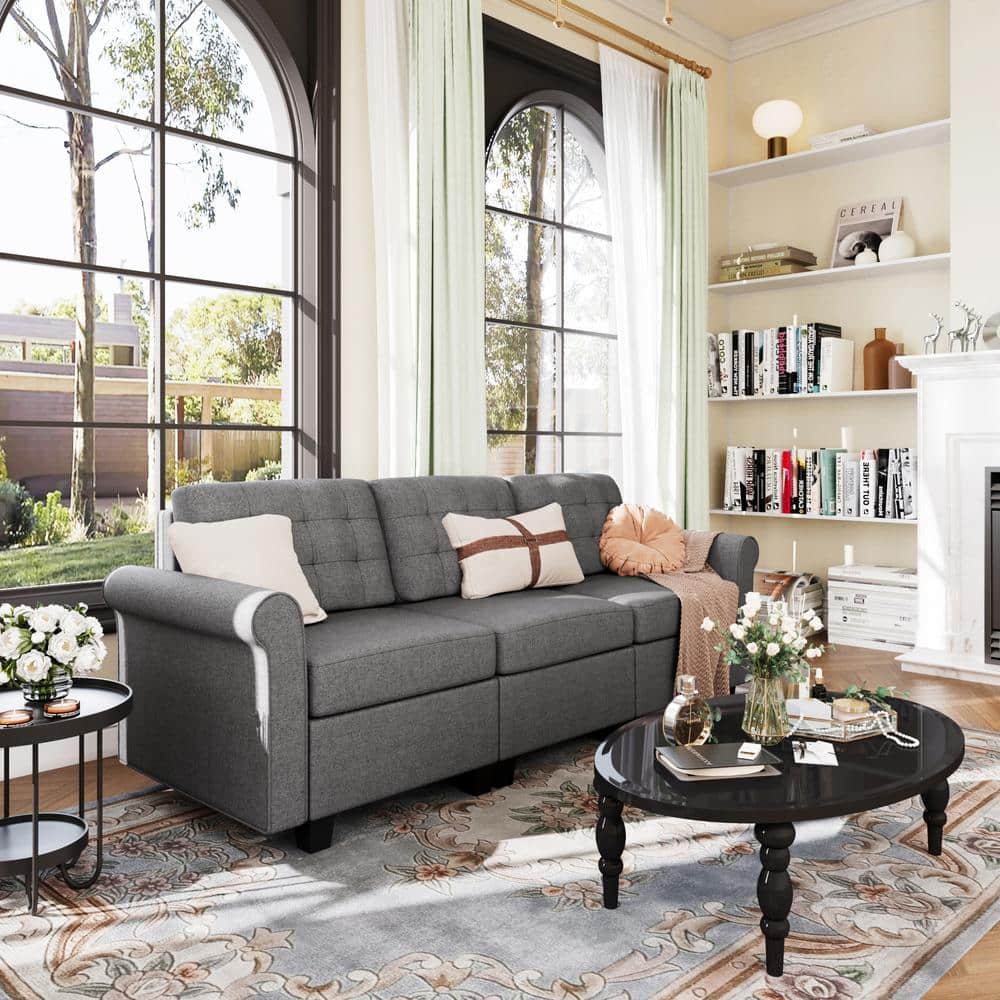 PHI VILLA 78.6 in. Modern 3-Piece Linen Sectional Sofa in Gray with ...