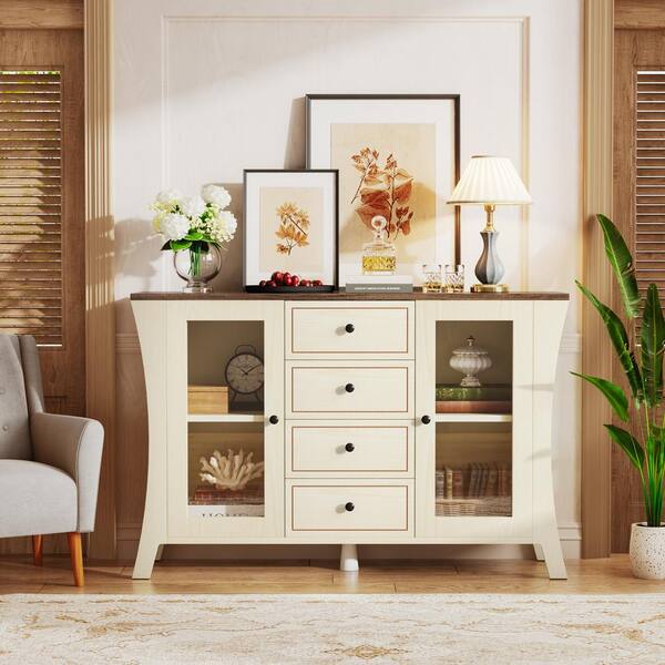 BYBLIGHT Ahlivia Retro Walnut and Ash Wood 51.18 in. Farmhouse Sideboard Buffet Cabinet Coffee Bar Storage Cabinet with 4 Drawer BB RY0078HY
