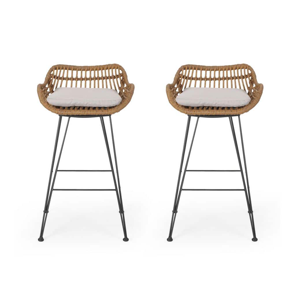 YOSIMFUR Wicker Outdoor Bar Stool with gray Cushions (2-Pack) DJYC ...